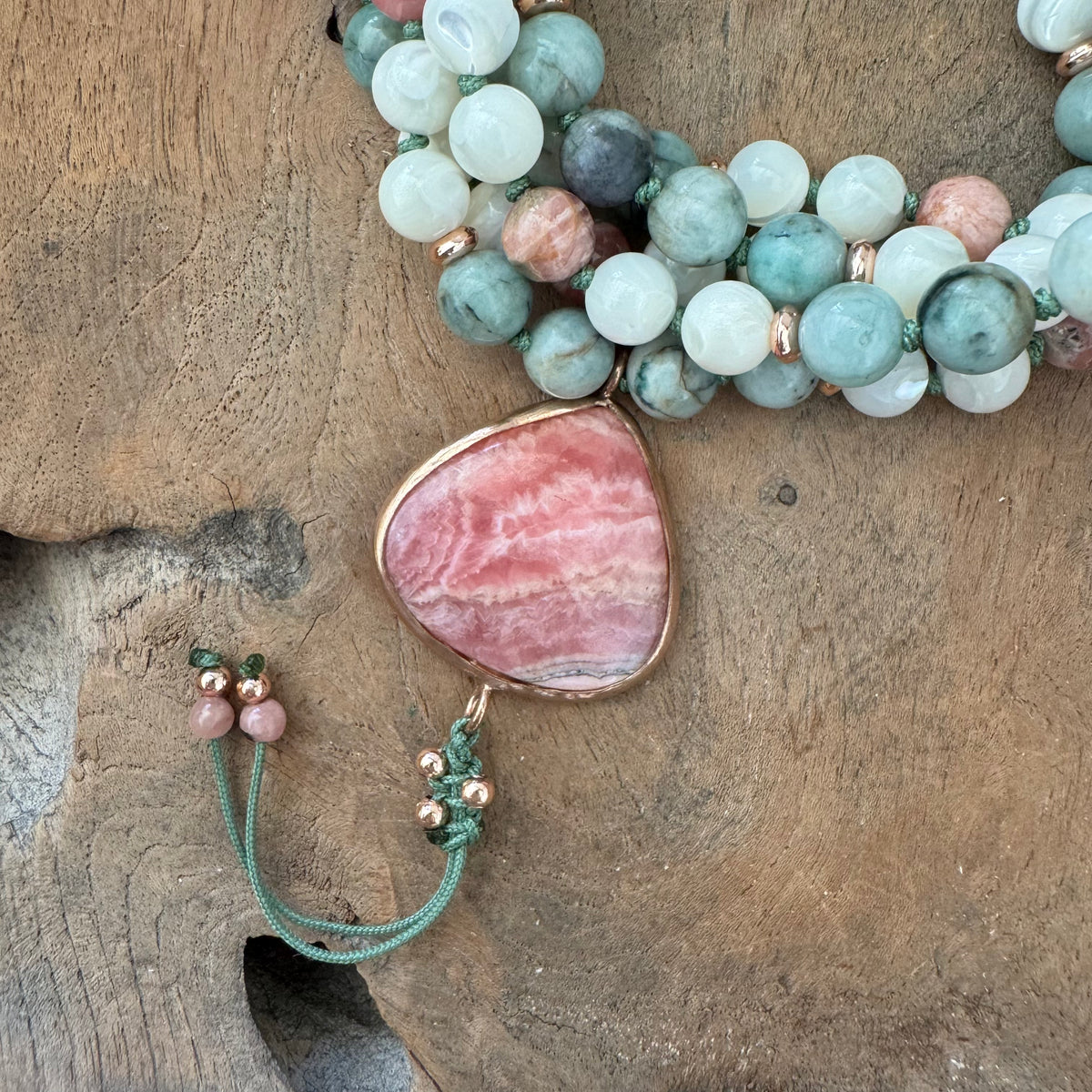 Emerald, White Shells & Rhodochrosite Mala with Rhodochrosite Guru Bea ...