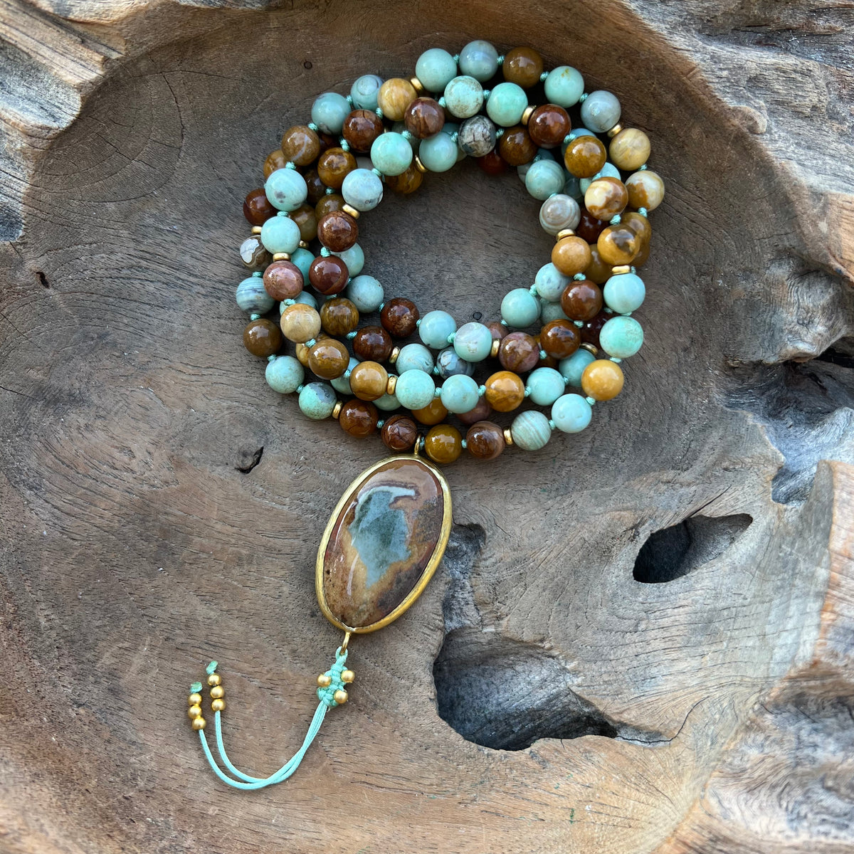 Robin’s Egg Agate, Yellow jasper Mala with Venus Jasper Guru Bead ...