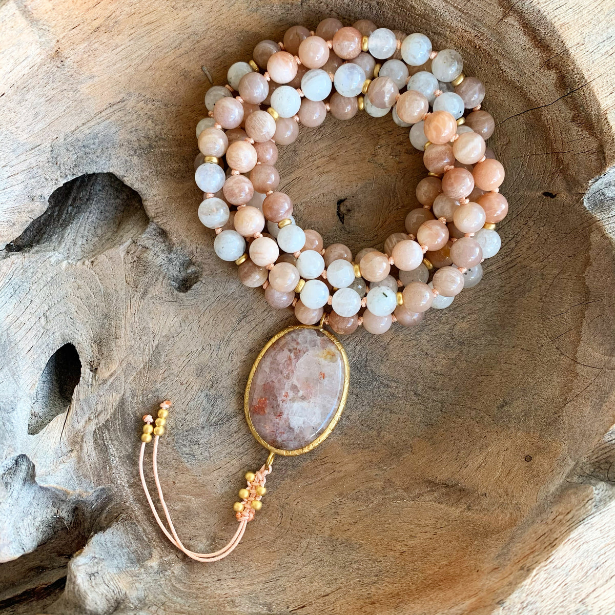 Sunstone & Moonstone Mala with Sunstone Guru Bead – Rana Nader Yoga